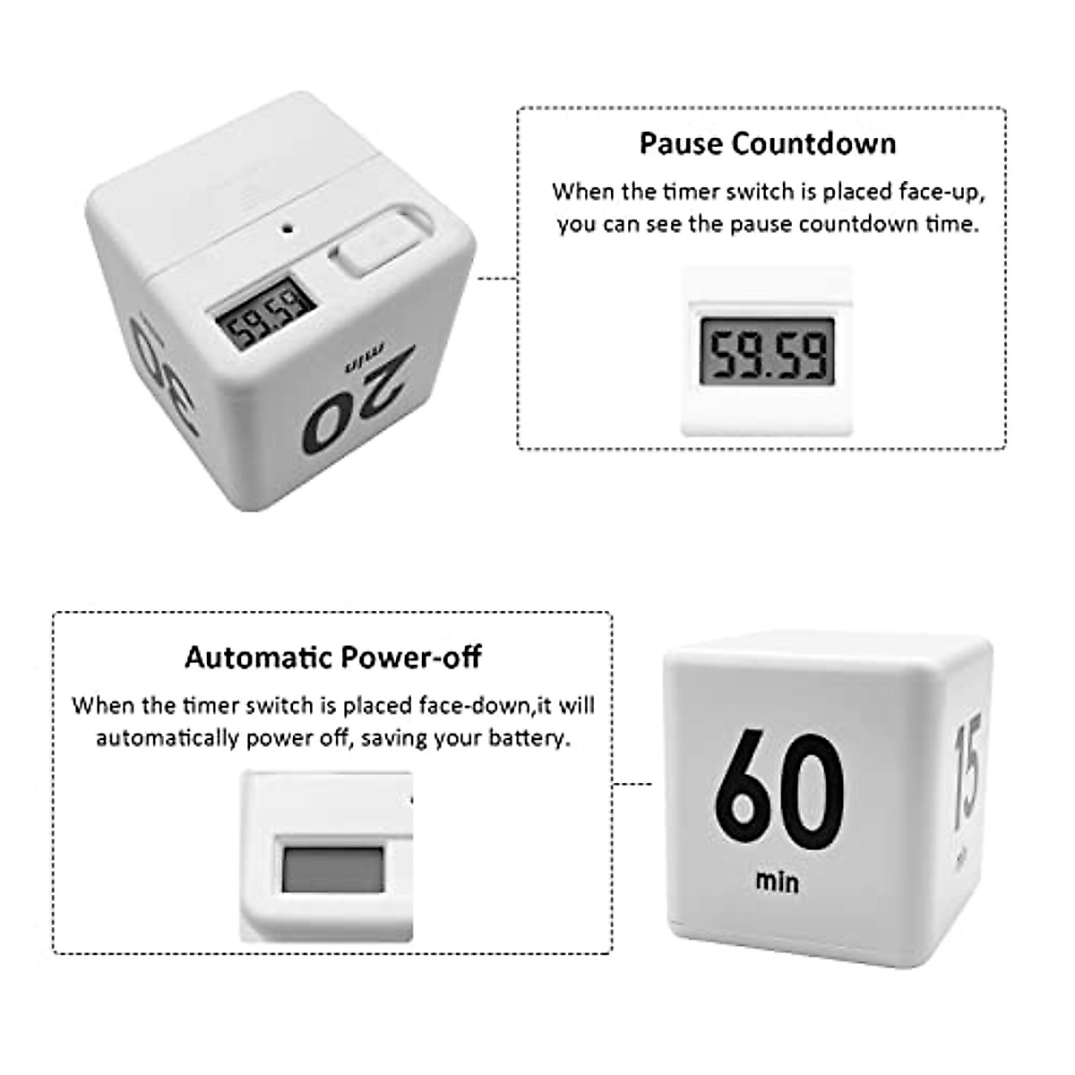 Feilifan Cube Timer, Time Cube Timer Kitchen Timer Kids Timer for ADHD Productivity Workout Flip Timer Classroom for StudyTime Countdown Management Settings 15 20 30 60 Minutes-White