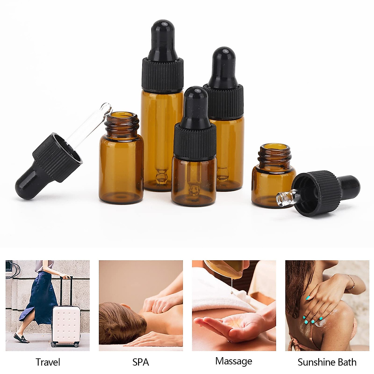 50Pcs Amber Glass Dropping Bottles 1ml 2ml 3ml 4ml 5ml Mini Essential Oil Dropper Bottles Empty Travel Sample Vials with Black Cap for Essential Oils, Aromatherapy, Cosmetic, Laboratory, Traveling
