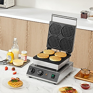 VEVOR Commercial Waffle Maker, 4PCS Round Waffle Baker Machine,1750W Non-Stick Stainless Steel Belgian Waffle Iron with Temperature and Time Control, for Restaurant Bakery Snack Bar Family