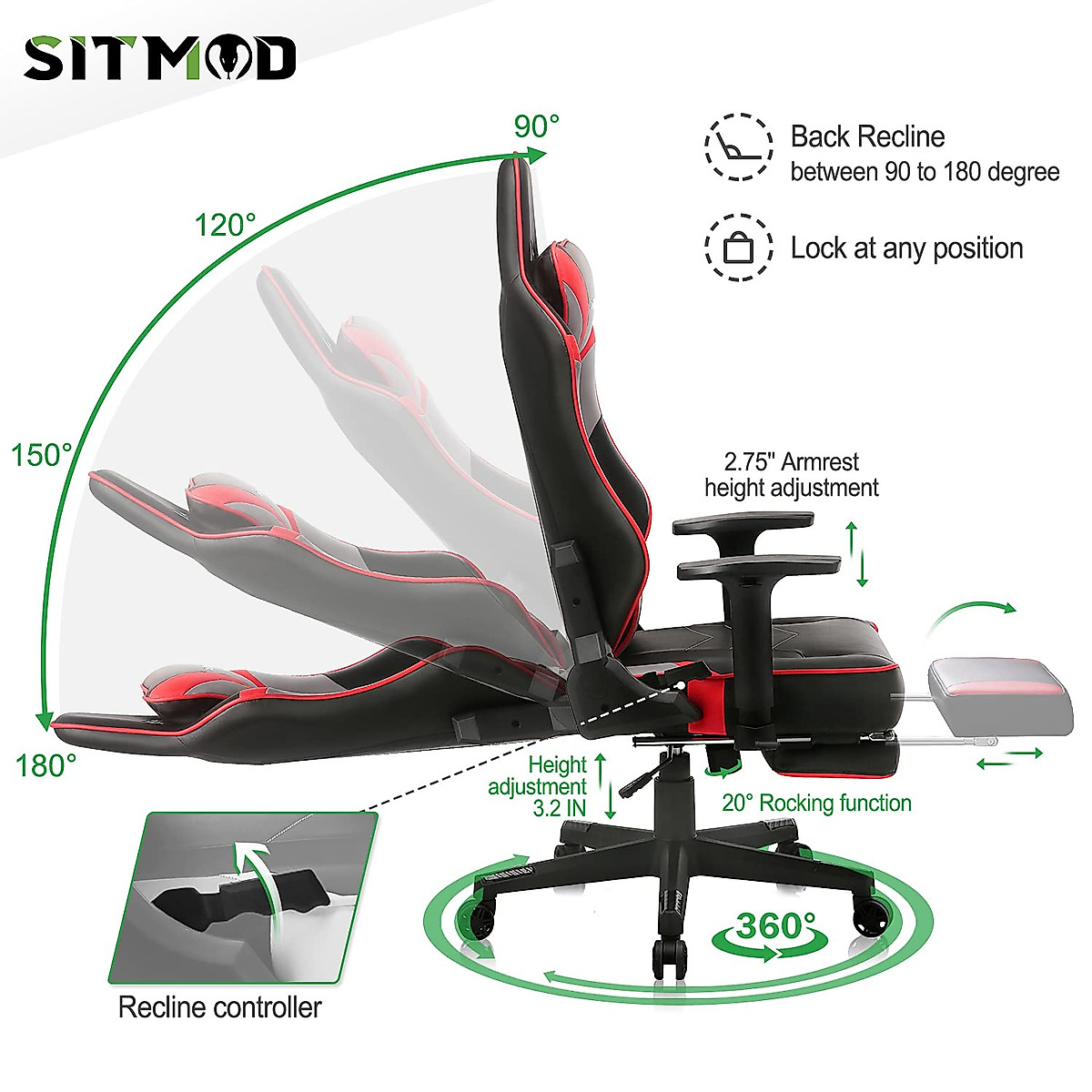 SITMOD Video Game Chairs Ergonomic Gaming Chair with Footrest High Back Massage Gaming Chair Recliner PC Leather Racing Gamer Chairs Adjustable Lumbar Support Swivel Computer Chairs for Adults