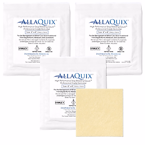 AllaQuix High Performance Stop Bleeding Gauze - X-Large (4"x4"Square) - (3-Pack) Professional-Grade First-Aid Hemostatic Gauze (Blood Clotting Bandage)