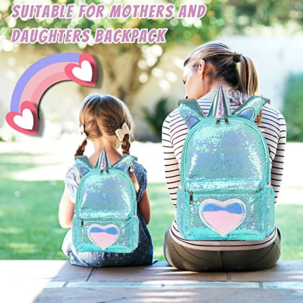 Muizary 3Pcs Cute Unicornios Backpack Set with Lunch Bag, Elementary Knapsack Rainbow Sequins bookbag for Girls and Woman -L(blue)