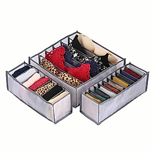 ULG 3 Pack Underwear Drawer Organizer Divider, Washable Dresser Drawer Organizer Foldable Oxford Fabric Closet Organizers and Storage Boxes for Underwear, Bras, Socks, Panties, Ties, Lingerie(GREY)