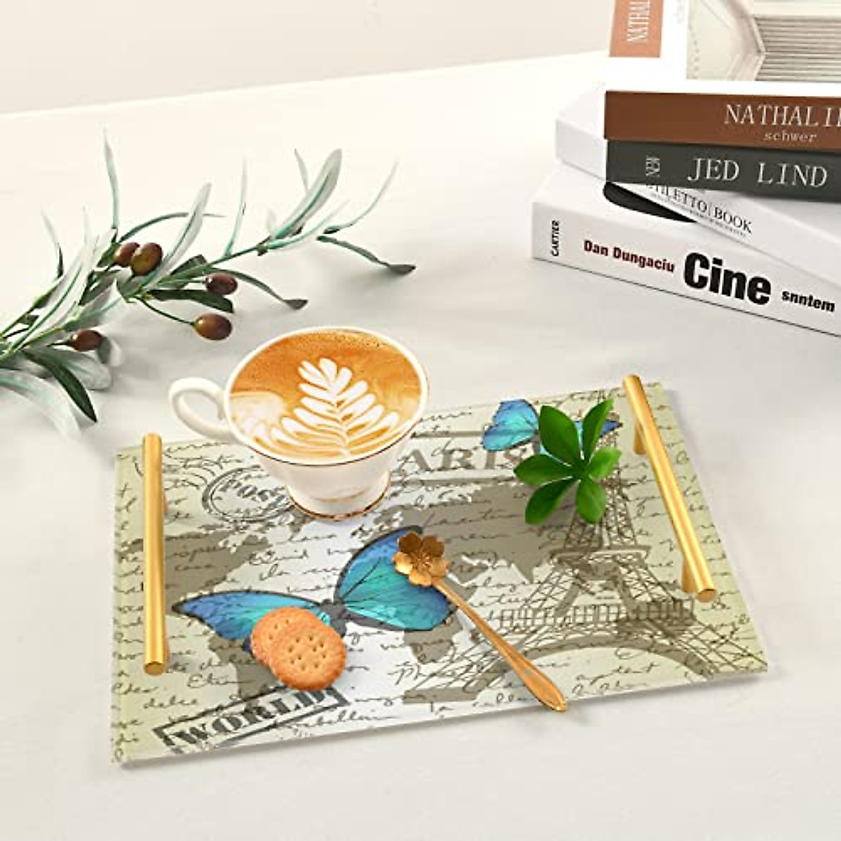 Beautiful Butterfly Bathroom Vanity Tray Counter Organizer Eiffel Tower Bathroom Counter Tray Jewelry Plate Holder Decorative Organizer with Handles Countertop Storage for Bathroom Table Kitchen