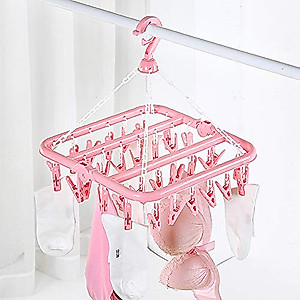 SteelFever Clothes Drying Hanger with 32 Clips, Foldable Hanging Drying Rack for Clothes Underwear Socks (Pink)