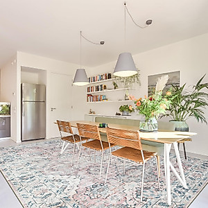 LIVEBOX Washable Rugs 8x10 for Girls Bedroom, Light Pink Area Rugs for Girls Room, Soft Non-Shedding Boho Living Room Rugs, Low-Pile Floral Rug Faux Wool Bedroom Rug 8x10 Under Bed, Blush/Blue