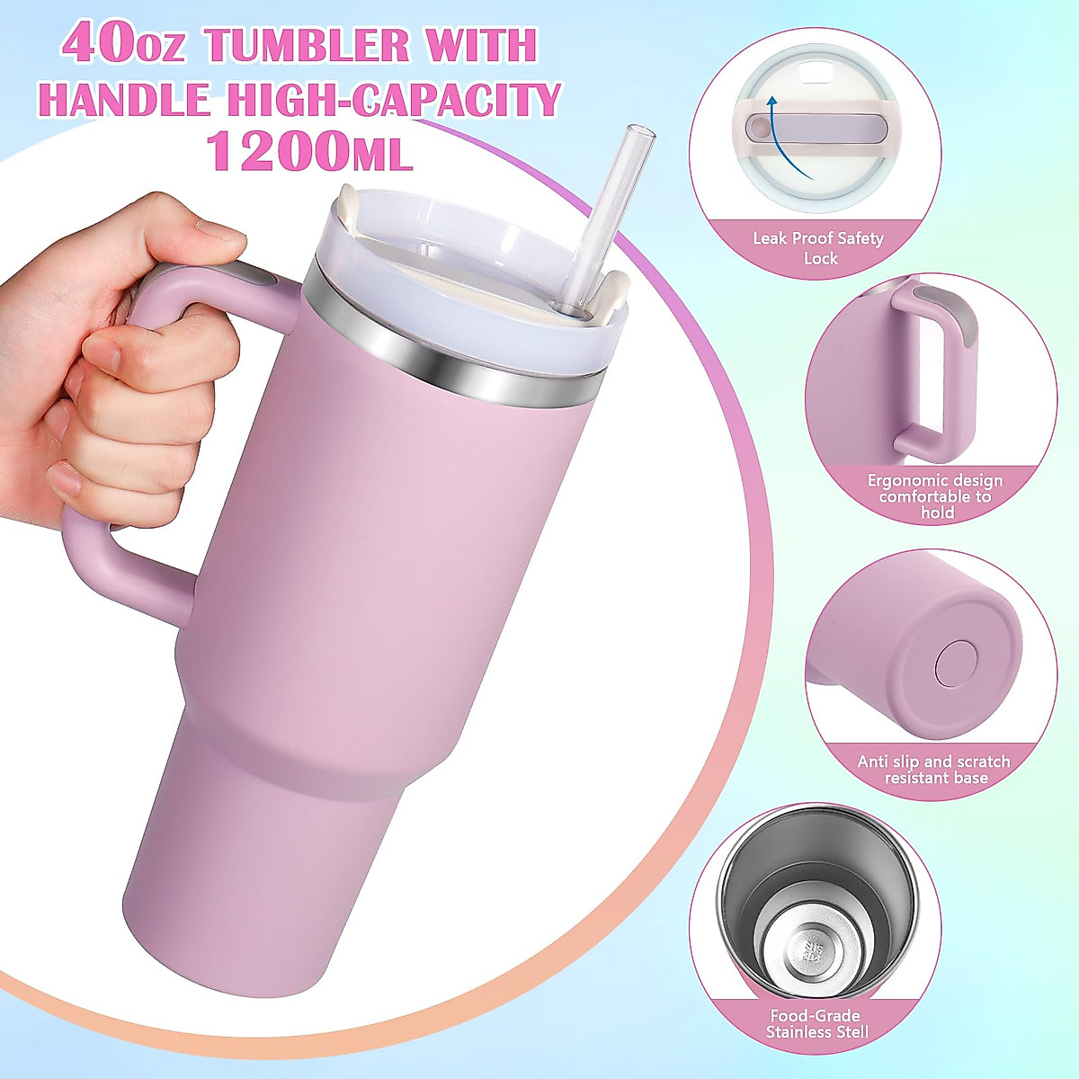 BELYQLY New Version 40oz Stainless Steel Vacuum Insulated Tumbler with Lid and Straw for Water, Smoothie and More, Iced Tea or Coffee (Lilac Purple)