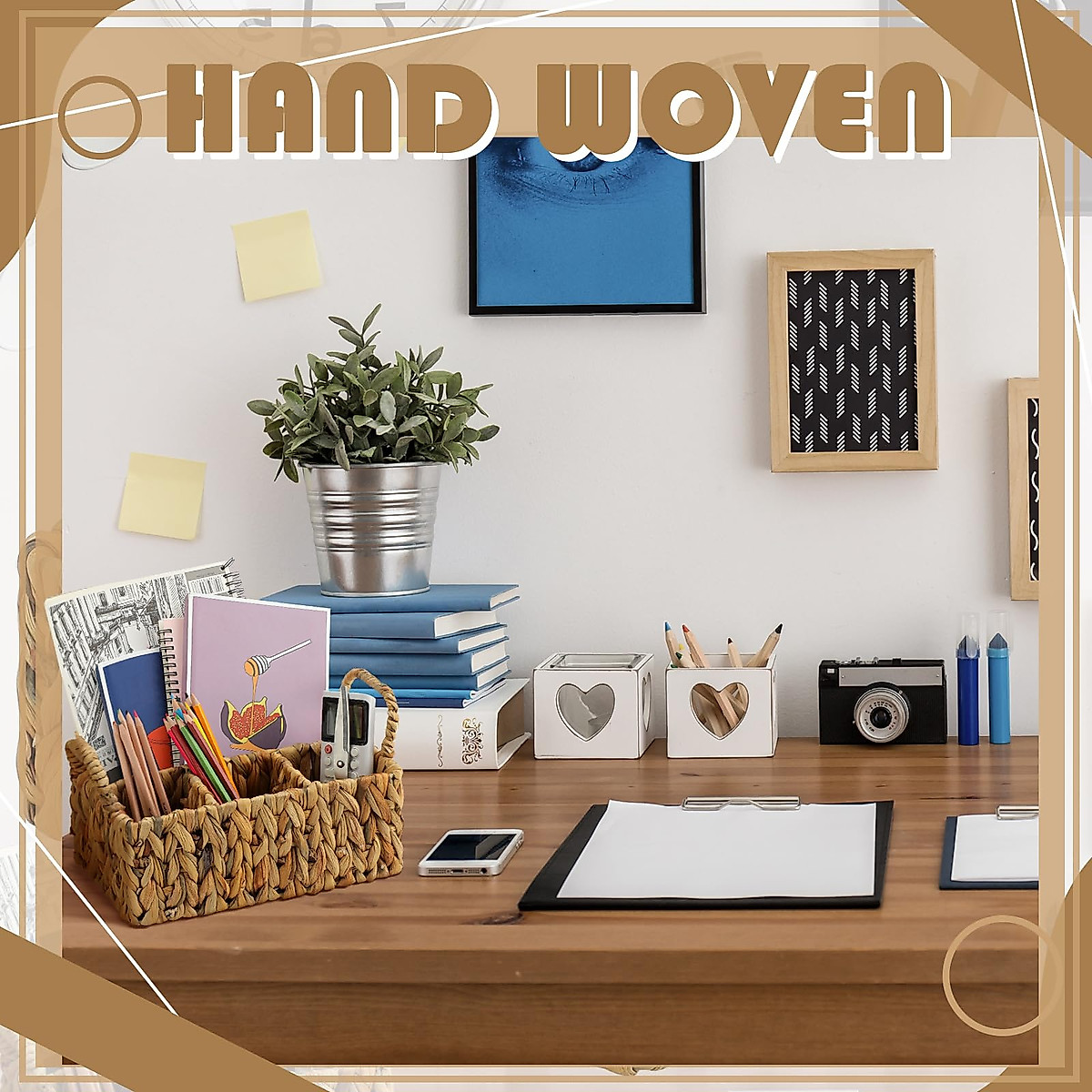 Wicker Flatware Storage Basket Utensil Caddy Hand Woven Divided Cutlery Holder Kitchen Utensil Organizer Water Hyacinth Silverware Organizer with Handle for Countertop Party, 10 x 7.9 x 3.9 Inch