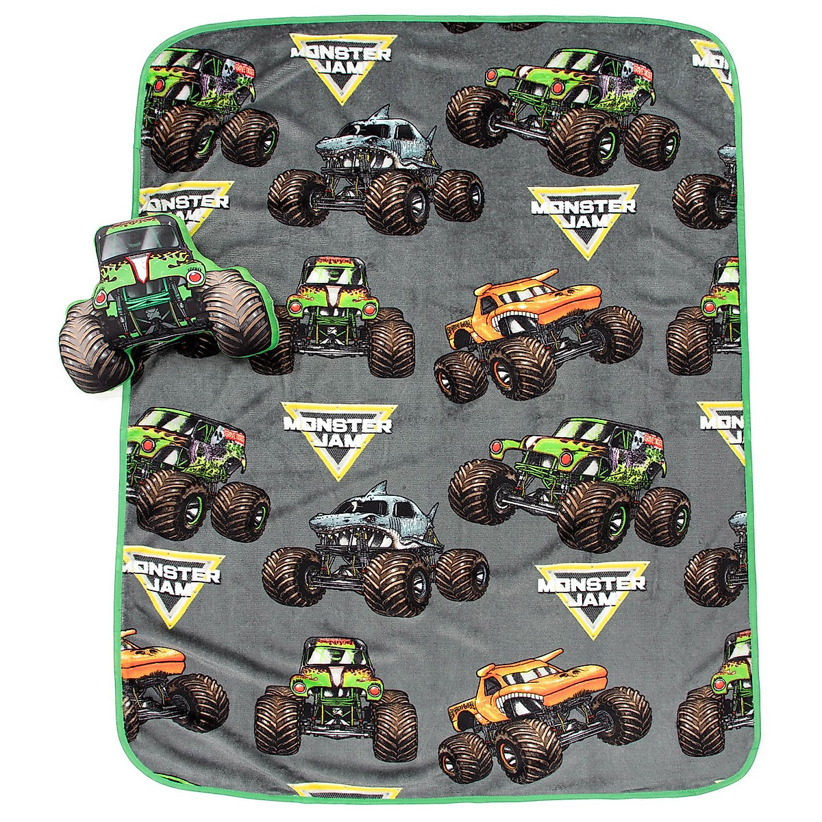 Jay Franco Monster Jam Grave Digger Nogginz Set - 40 x 50 Inch Lightweight Travel Throw Blanket & Pillow - Kids Super Soft 2 Piece Bedding Set