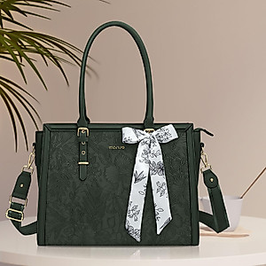 MOSISO Laptop Tote Bag for Women, 15.6-16 inch PU Leather Compatible with MacBook, HP, Dell, Asus Notebook, Front Embossed Retro Hibiscus Computer Bag with Silk Scarf & Clutch Purse, Emerald Green