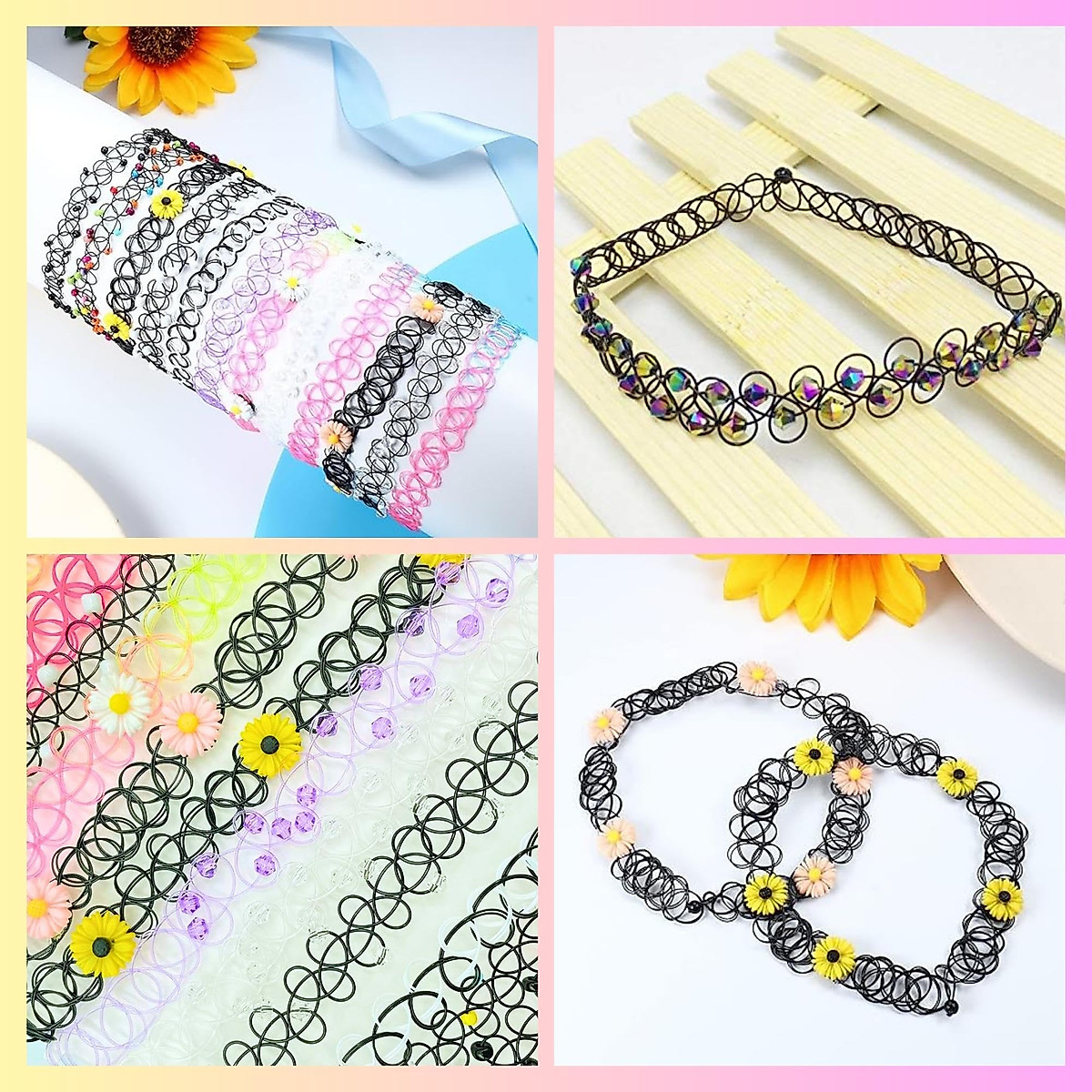 BodyJ4You 12PC Tattoo Choker Necklace for Women - 90s Choker Necklaces for Girls - Pride Rainbow Choker Clear Black Purple Pink Daisy Flower - Stretchy Elastic Chokers Neck Lace