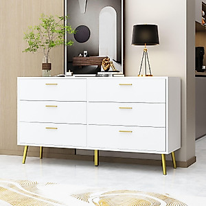 TAMUNE 54” 6 Drawer Dresser, Modern 6-Drawer Chest with Gold Metal Handles, Bedroom Dresser with Gold Metal Legs, for Living Room Entryway White (54”W x 15.7”D x 30.1”H)
