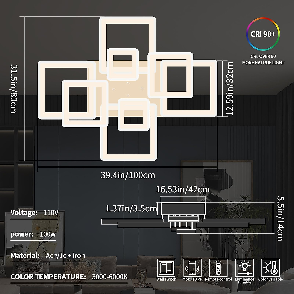 Shine LUEST Modern Dimmable LED Ceiling Lights, White Flush Mount Light Fixtures with Remote Control, Large Square 8-Ring Lamps for Living Room, Bedroom, 100W