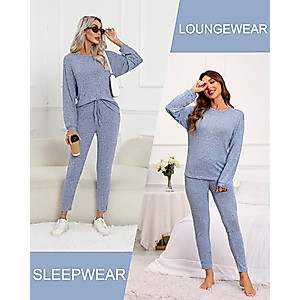 difficort Womens Pajama Sets Long Sleeve Pjs Soft Sleepwear Ribbed Knit Lounge Set with Pockets,K-Light Blue,Small