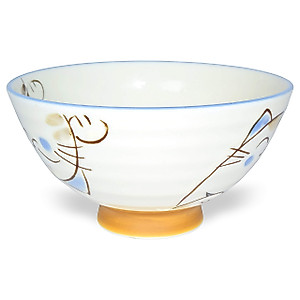 Japanese Handcrafted Rice Bowl, Authentic Mino Ware Pottery, Calico Cat Motif Design, MIKE Blue Chawan, set of 2