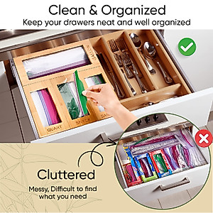 VIKAMAX Ziplock Bag Organizer , Bamboo Drawer Organizer , 4 Separate Baggie Organizer Storage Bag Organizer Bag Storage Organizer for Kitchen Drawer