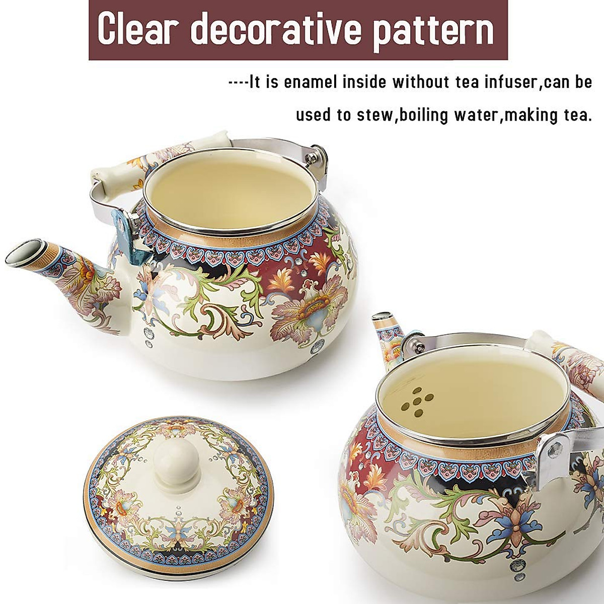 Floral Ceramic Enamel Teapot Tea Kettle for Stovetop,Large Porcelain Enameled Teakettle (white) (2.4L, white2)