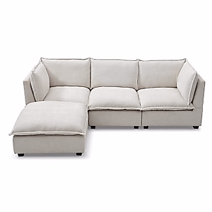 kevinplus 99.3'' Sectional Sofa Couch Cloud Sofa Couch Dupes with Feather Filled for Living Room, Modern Modular 3-Seat L-Shape Sofa Couch with Convertible Ottoman, Linen Fabric, Beige