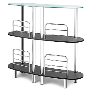 COSTWAY 3-Tier Glass Liquor Bar Cabinets, Wine Bar Storage with Tempered Glass Counter Top and Metal Frame, Bar Unit with 2 Shelves, Bar Organize Ideal for Living Room/Home/Kitchen/Bar/Pub