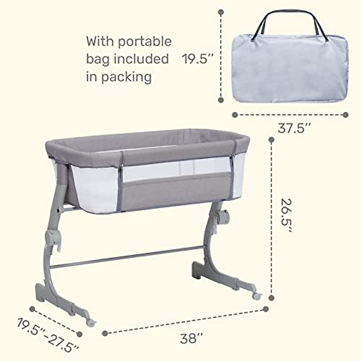 RONIPIC Baby Bassinet, Height & Angle Adjustable Bedside Sleeper, Bedside Crib with Mattress & Storage Bag, Easy Folding Portable Crib Infant Baby Bed, Grey