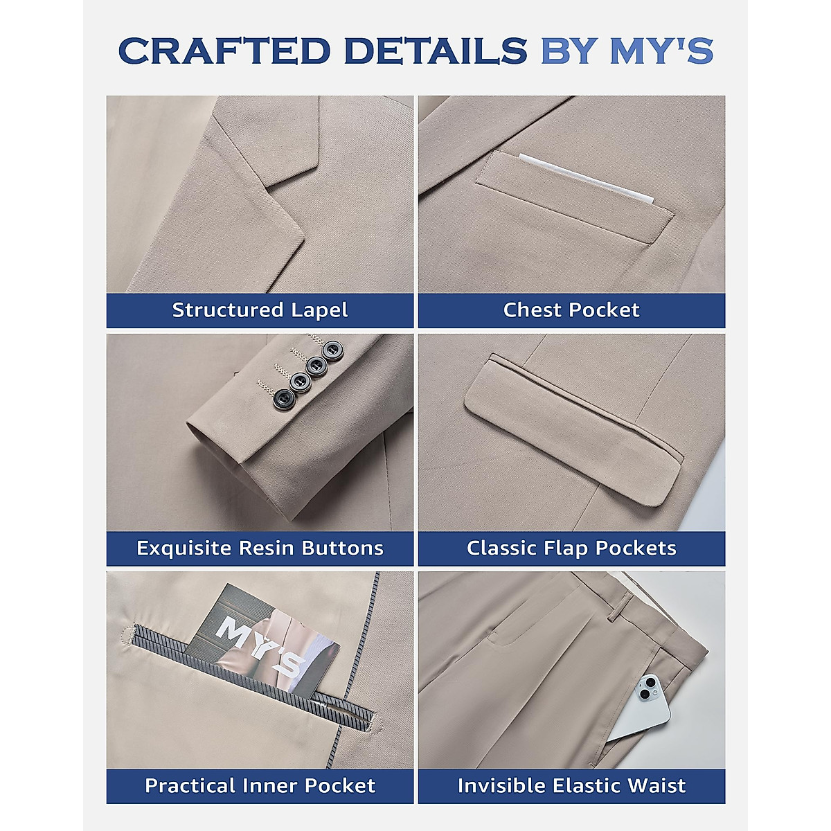 MY'S Men's 3 Piece Slim Fit Suit Set, One Button Solid Jacket Vest Pants with Tie Deep Blue X-Small