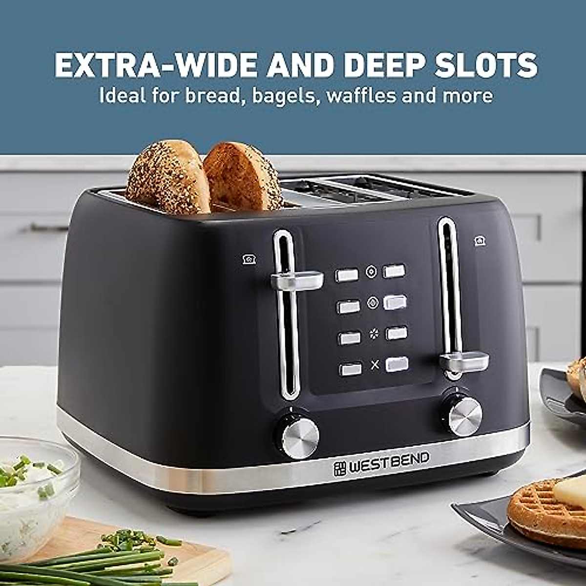 West Bend Toaster 4 Slice Extra-Wide and Deep Slots with 3 Functions and 7 Shade Settings Manual Lift Lever and Auto-Shut Off, 1500-Watts, Black