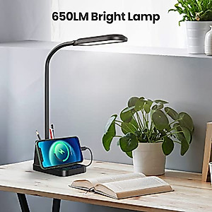 LED Desk Lamp with USB Charging Port, Small Desk Lamps for Home Office, AXX Desk Light for Bedrooms, Black Office Lamp for Small Spaces, 650LM, Gooseneck, Pen Holder, Study Lamps for College Dorm Room