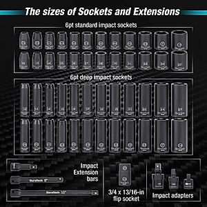 DURATECH 55-Piece Socket Set, 1/2’’ & 6 Point Impact Socket Set, 7 Accessories included, 24 Both Standard Impact Sockets and Deep Impact Sockets in SAE (3/8’’ to 1-1/16’’) & Metric (12 to 27mm)