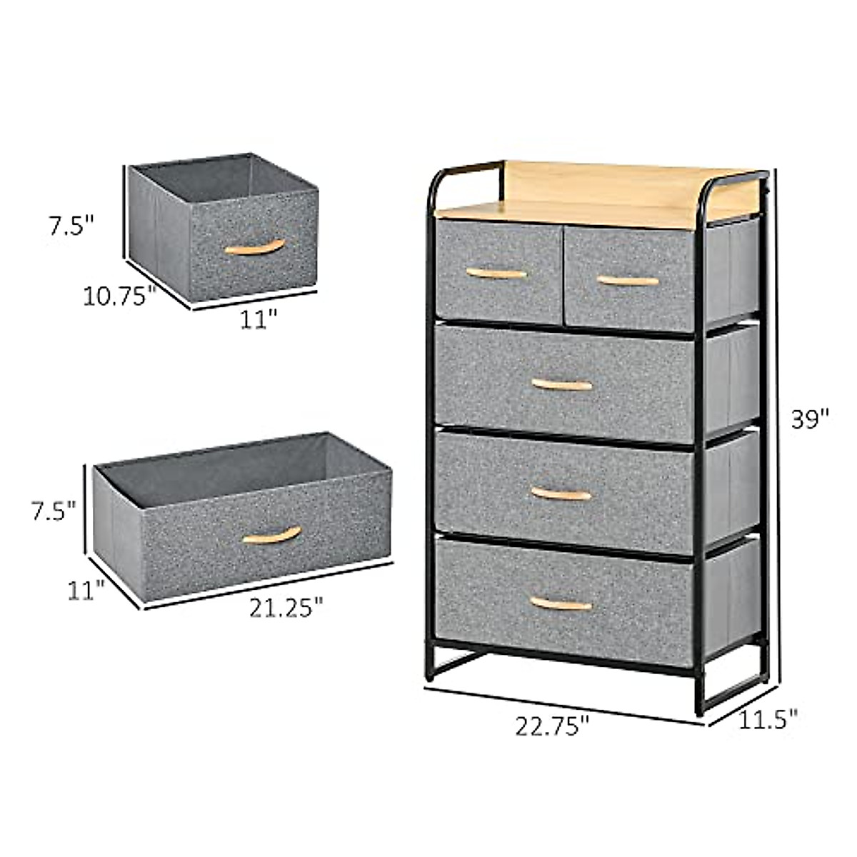HOMCOM 5-Drawer Fabric Dresser Tower, 4-Tier Storage Organizer with Steel Frame for Hallway, Bedroom and Closet, Light Grey