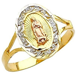 14K Yellow, White, and Rose Gold Tri-Color Our Lady of Guadalupe Immaculate Conception Catholic Oval Statement Ring - Size 6-1/2