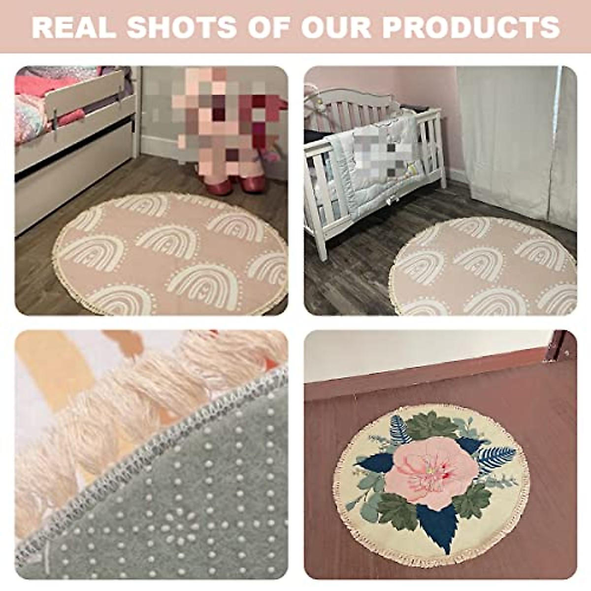 DNEWYNPABV Round Boho Rug Scandinavian Cartoon Rainbows with Clouds Flowers and Stars in Pastel Area Linen Carpet Patio Hallway Runner Mat Pad Minimalist Home Decor for Living Room Outdoor, 3 ft