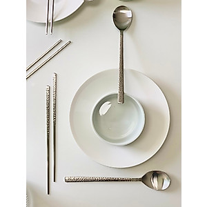 cozymomdeco Korean Made Silver Glossy Hammered Stainless Steel Korean Spoon & Chopstick SET (4SET)