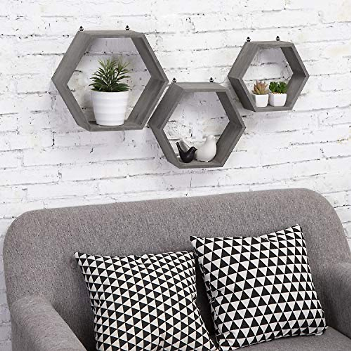 MyGift Rustic Gray Wood Hanging Shadow Boxes Display Case Wall Shelves with Hexagonal Shape, Set of 3