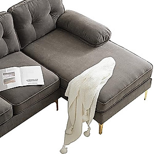 BIADNBZ 83" Velvet Sectional Sofa with Right Chaise, Modern L-Shaped Couch with Armrest for Living Room Bedroom Corner, Brown