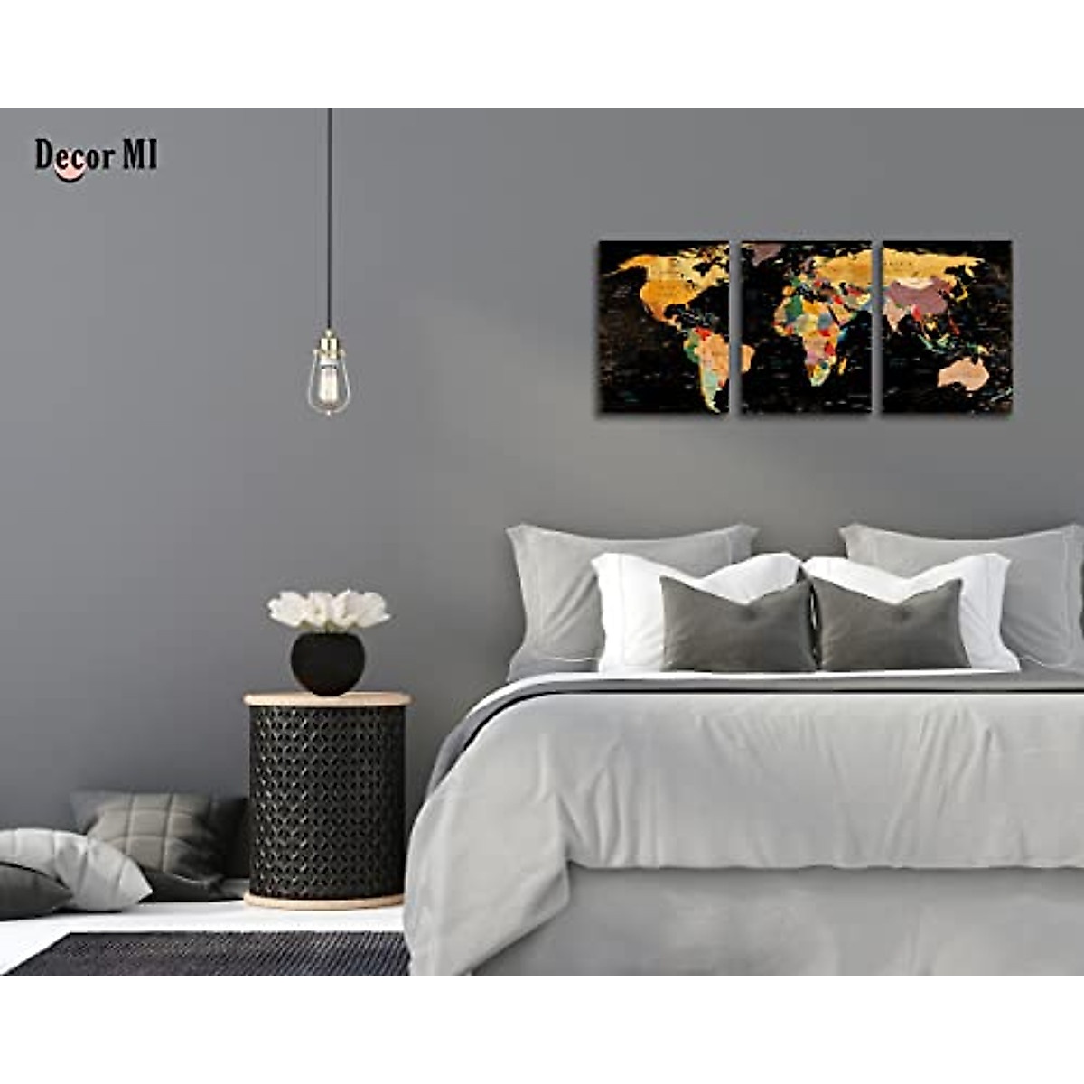 Decor MI World Map Wall Art on Canvas Black Canvas Prints Paintings 3 Pieces Canvas Map of The World Children Education Ready to Hang Map Decor Wall Artwork for Living Room Bedroom Bathroom Home