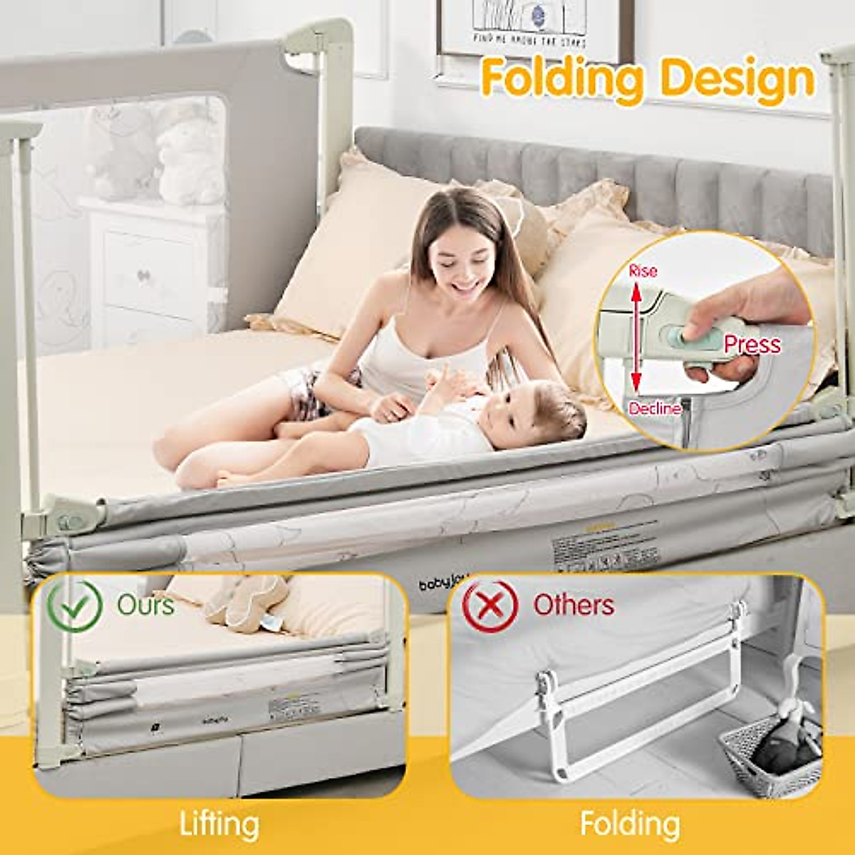 BABY JOY Bed Rails for Toddlers, 79'' Extra Long, Height Adjustable Kids Rail Guard w/Double Safety Lock, Breathable Mesh, Folding Baby Bedrail for Queen King Size Mattress, Box Spring & Slats, Gray