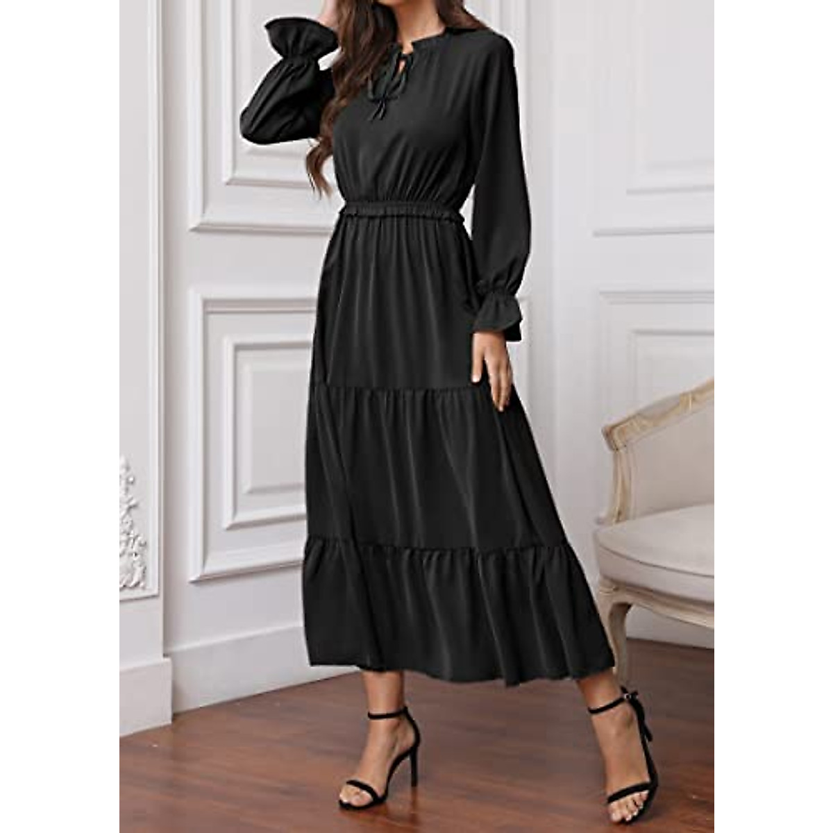 KIRUNDO Women's 2023 Fall Long Sleeve Tie Crew Neck Maxi Dress Casual Empire Waist Boho Ruffle Flowy Long Dresses(Black, Medium)