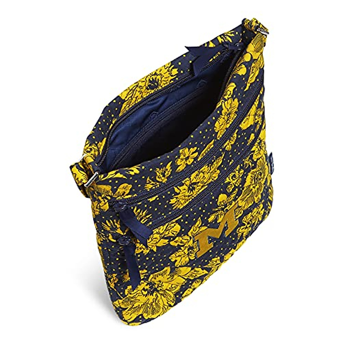 Vera Bradley Women's Cotton Collegiate Triple Zip Hipster Crossbody Purse (Multiple Teams Available), University of Michigan Navy/Gold Rain Garden - Recycled Cotton, One Size