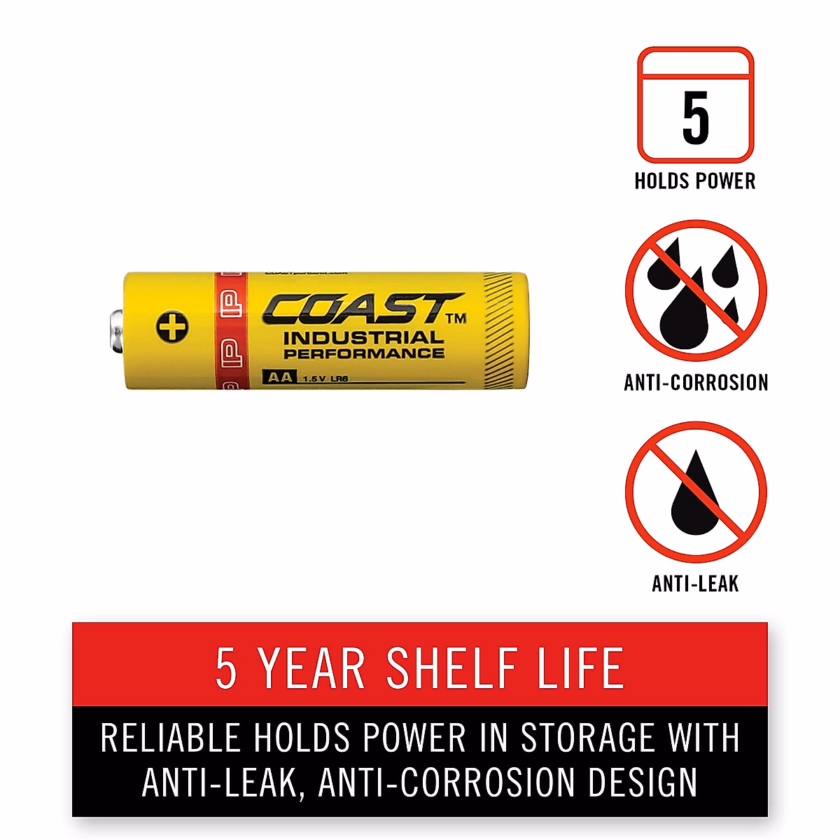Coast 4 Pack AA Industrial Performance Alkaline Batteries, High-Performance