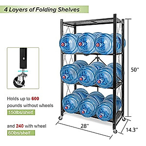 4-Shelf Foldable Storage Shelves with Wheels, Large Capacity Shelving Unit, Freestanding Metal Wire Shelf Rack, No Assembly Organizer Rack for Garage Kitchen, Basement, Pantry, Heavy Duty