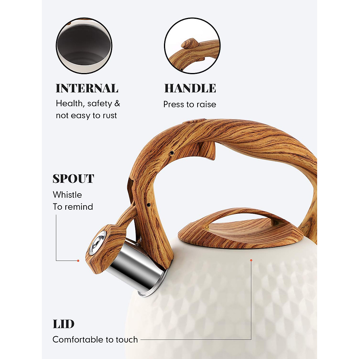 Tea Kettle, 2.7 Quart / 3 Liter BELANKO Stainless Steel Kettles for Stove Top, Food Grade Teapot with Wood Pattern Handle Loud Whistling for Coffee, Milk etc, Gas Electric Applicable - Milk White