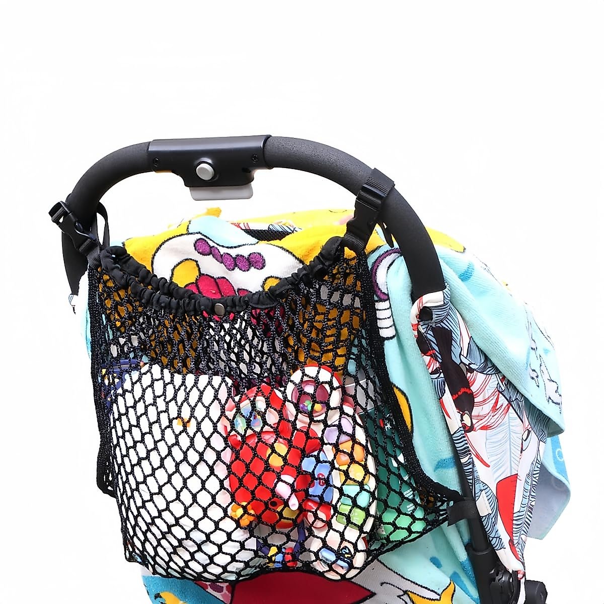 Ymeibe Stroller Caddy Organizer Extra Large Storage Space, Universal Fit Cargo Net Mesh Hanging Bag for Stroller Caddy Accessories Carrying Diaper and Snacks