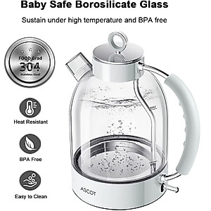 ASCOT Electric Kettle, Glass Electric Tea Kettle Gifts for Men/Women/Family 1.6L 1500W Borosilicate Glass Tea Heater, with Auto Shut-Off and Boil-Dry Protection (Polar White)