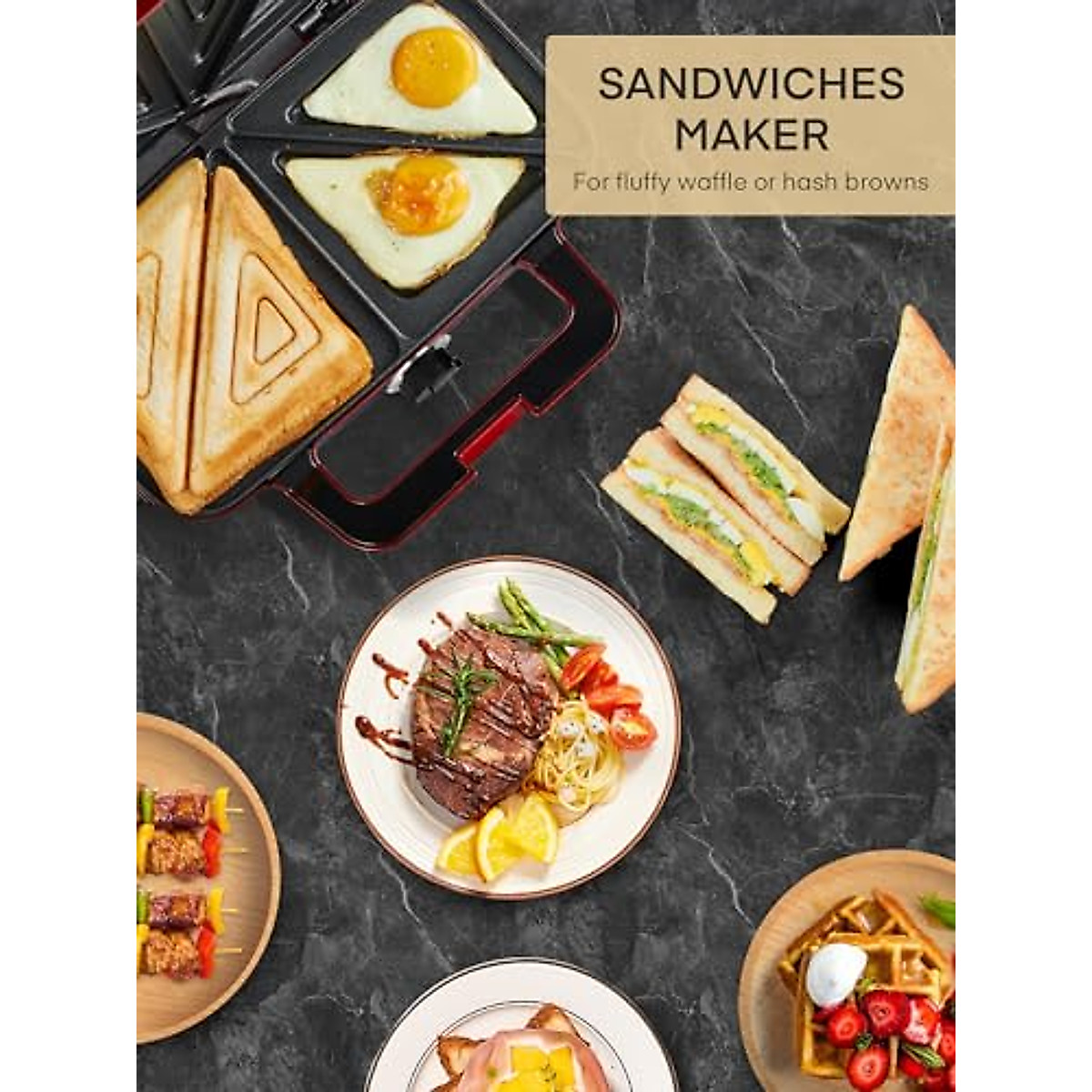 3-in-1 Sandwich Maker, 1200W Grill, Waffle and Sandwich Maker, 5 Speed Temperature Control, 3 Non-Stick and Removable Plates, Cold Touch Handle, LED Light Indicators, BPA Free, Red