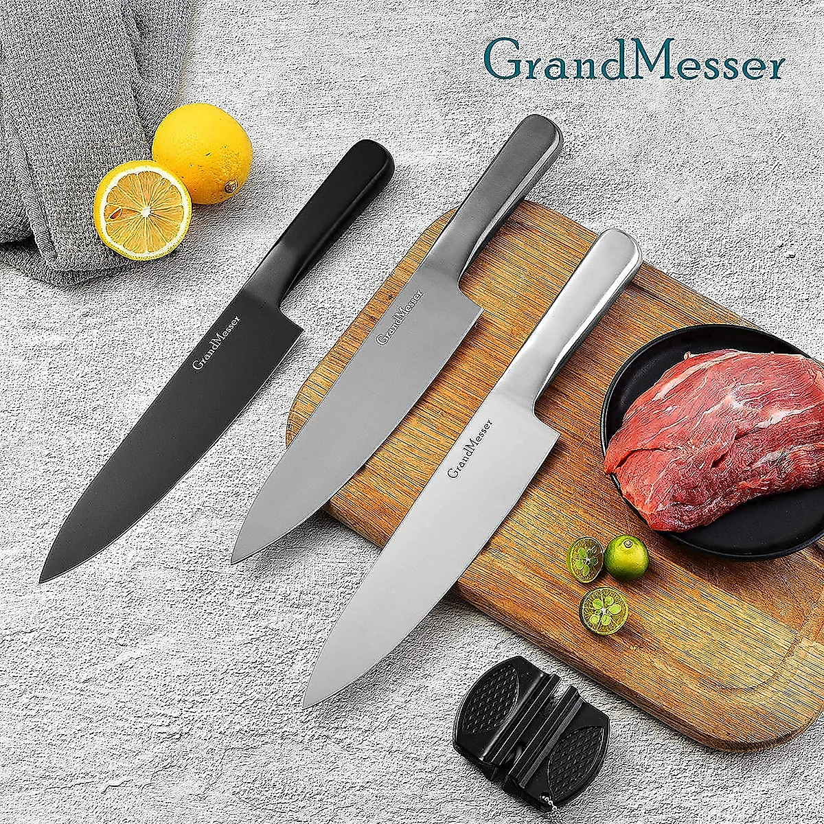 Cooking Chef Knife, 8 Inches Carbon Stainless Steel Kitchen Knife with Sharpener and Ergonomic Handle, Chopping Knife for Professional Use（Matte Stainless）
