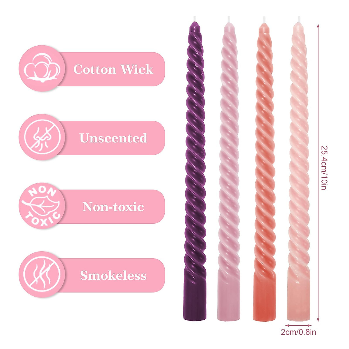Whaline 8Pcs 10 Inch Pink Purple Gradient Color Spiral Taper Candles Dripless Twisted Wax Candles Long Unscented Candle Sticks for Wedding Displays Home Dining Table Supplies
