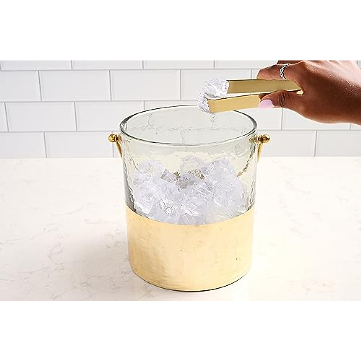 Mud Pie Ice Set, Bucket 8 x 7 Dia | Tongs 6 1/2", 1/2" 1/2" 1/2", Gold and Clear
