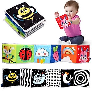 GFPGYQ Black and White High Contrast Baby Soft Books, Newborn Tummy Time Crib Toys for 0 3 6 to 12 Months, Stimulation Brain Development Color Crinkle Cloth Book