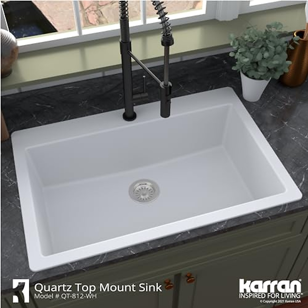 Karran QT-812 Top Mount 33 in. Large Single Bowl Quartz Kitchen Sink in White