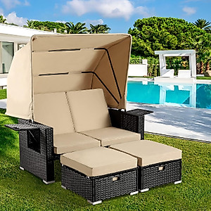 MAGIC UNION Patio Sofas with Retractable Canopy, Outdoor Wicker Furniture Set Poolside Sunbed, Patio Seating Chairs with Ottomans, Adjustable Backrest for Backyard (Khaki)